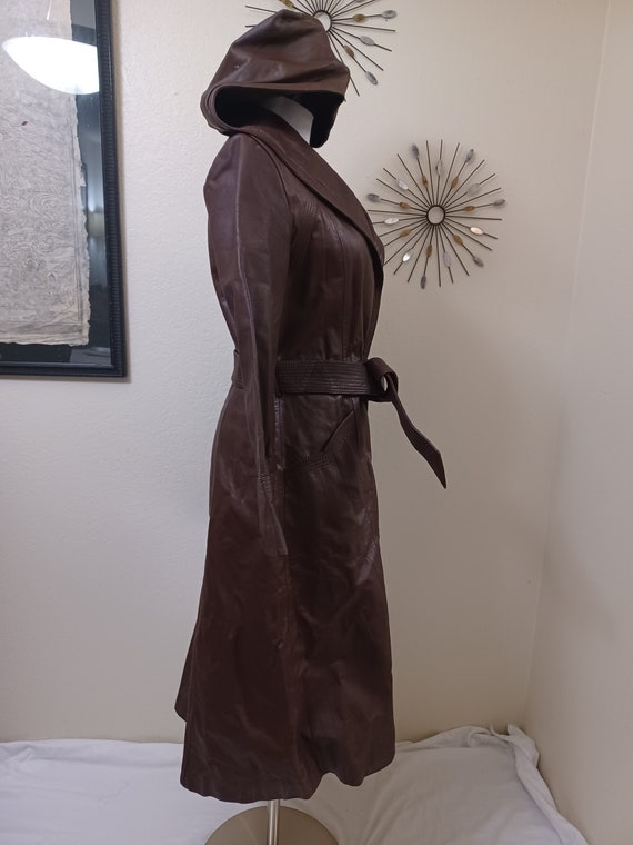 1970s Mod Brown Leather Sash Belted Hooded Trench Coa… - Gem