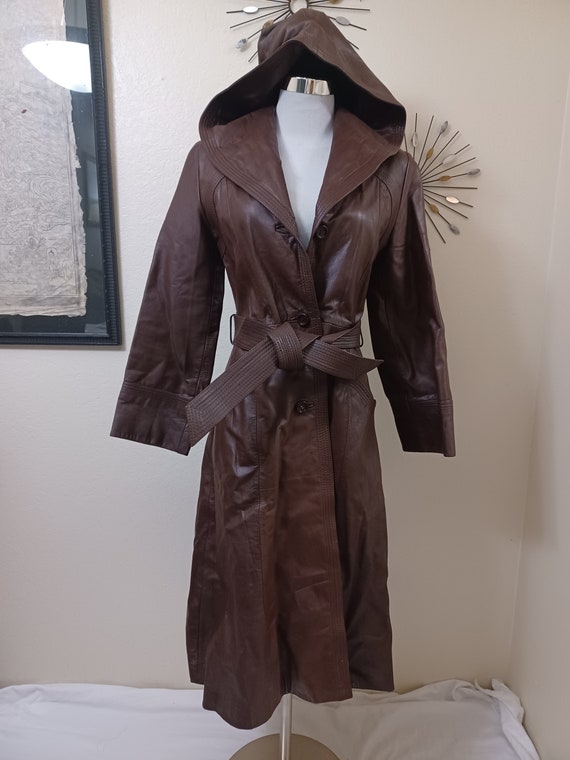 1970s Mod Brown Leather Sash Belted Hooded Trench Coa… - Gem
