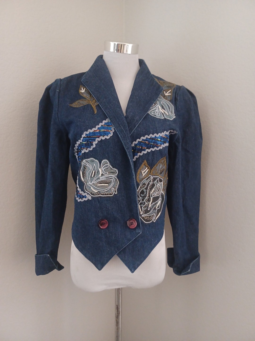 80s Glam Rock Blue Denim After Market Beaded Appliqued Embellished Puff ...