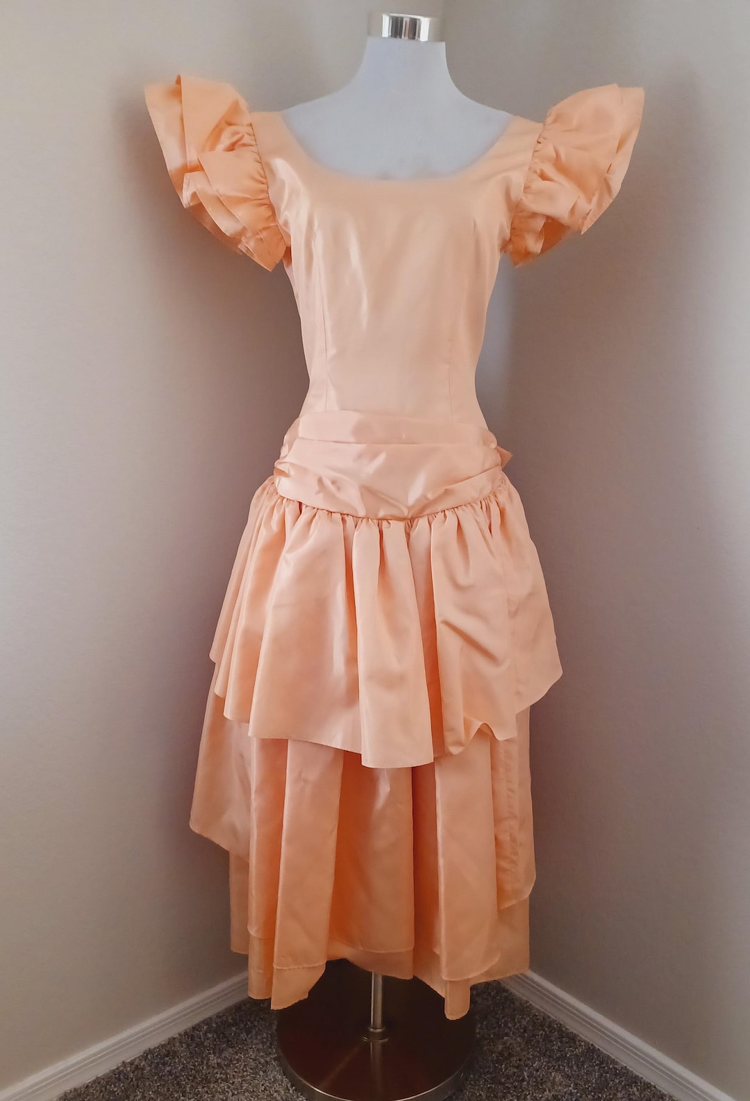 1980s Custom Made Peach Ruffle Layered Sleeves/skirt Big Bow Back Long ...
