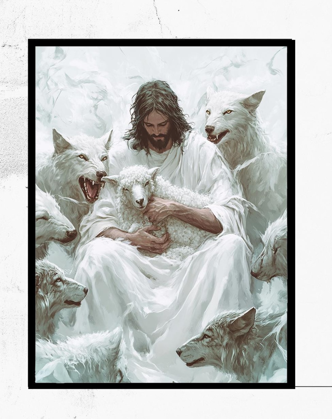 Spiritual Shepherd With Wolves and Lamb Wall Art Mystical Religious ...