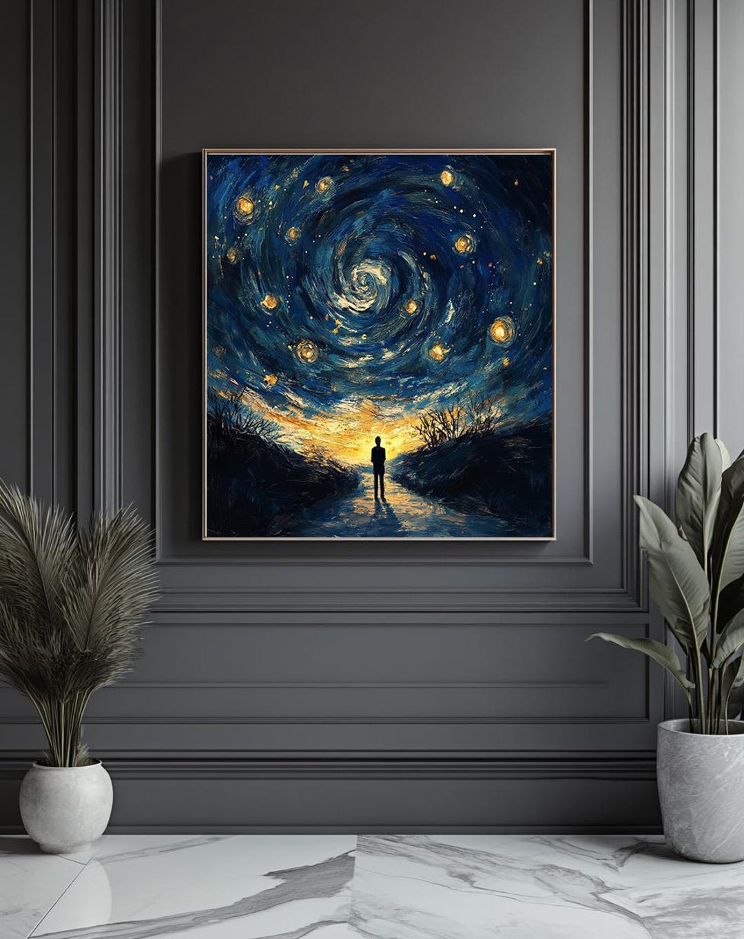 Starry Night Silhouette Wall Art Van Gogh Style Canvas Print Modern ...