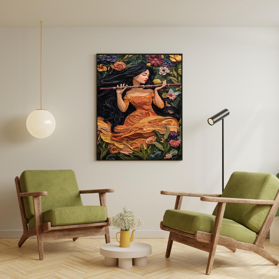 Flute Player Wall Art Enchanted Garden Musical Canvas Print Romantic ...