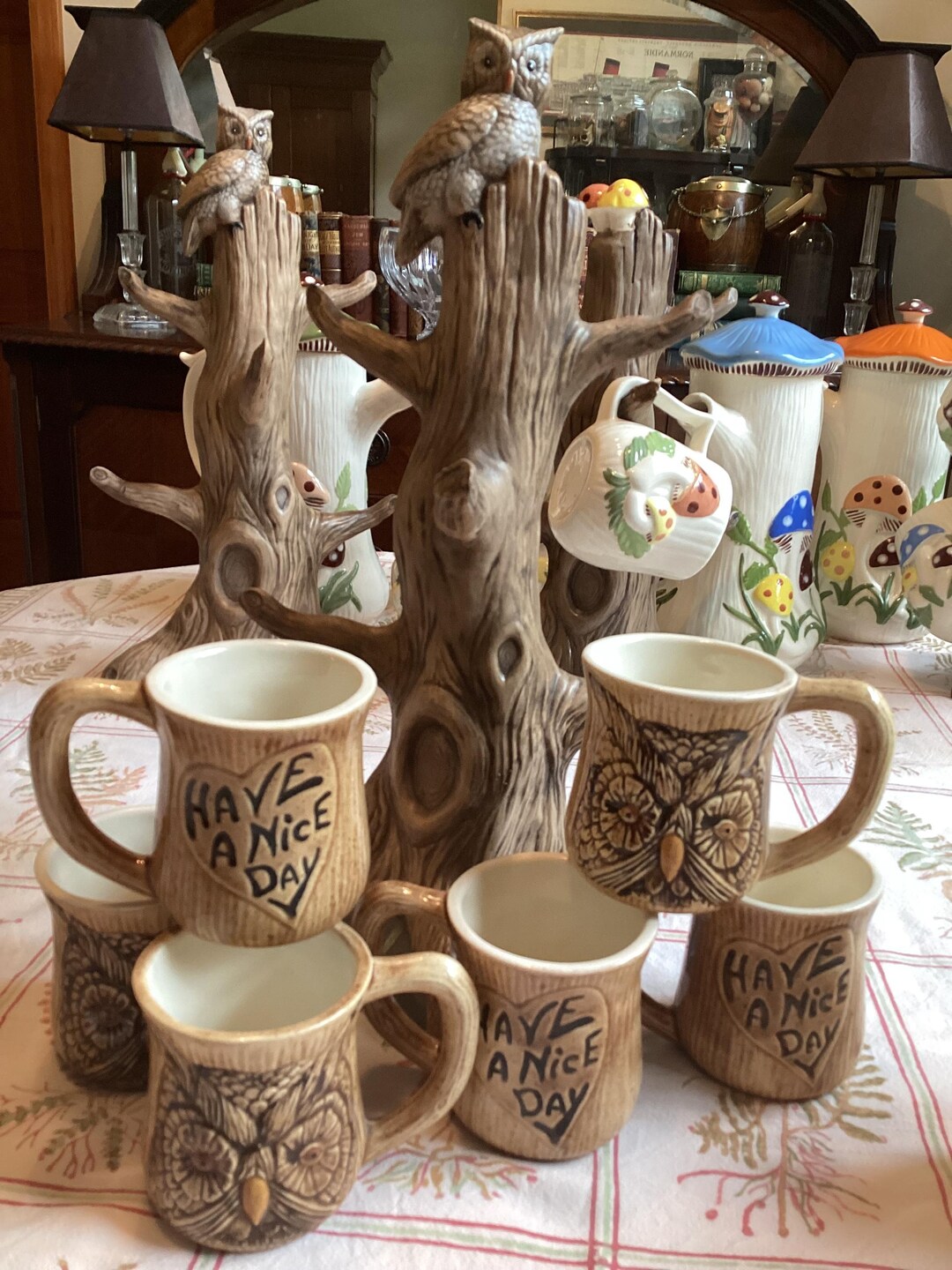 Vintage Ceramic Mug Tree and Six Mugs / Deadstock Never Used / 1980s ...
