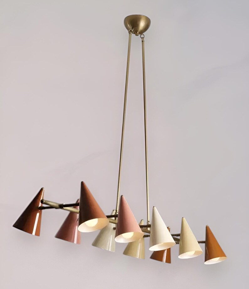 Mid-century Modern Cone Chandelier – Handmade Brass Ceiling Light With ...
