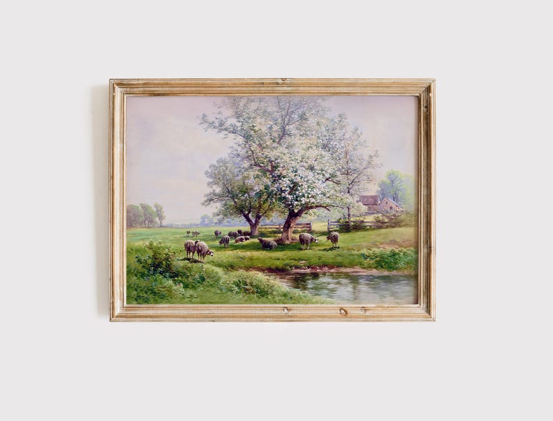 Pastoral Spring Landscape Art Print | Vintage Sheep in Meadow Scene ...