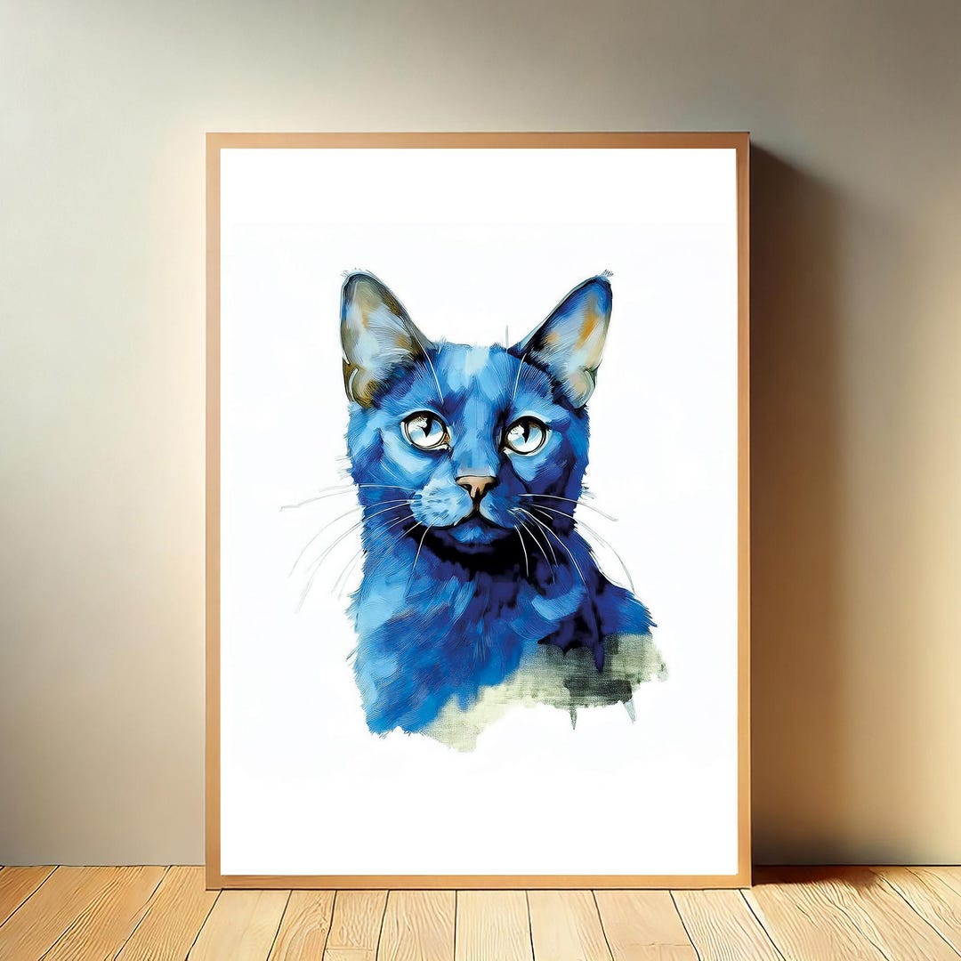 Blue Cat Wall Art | Modern Printable Cat Portrait | Digital Cat Art ...