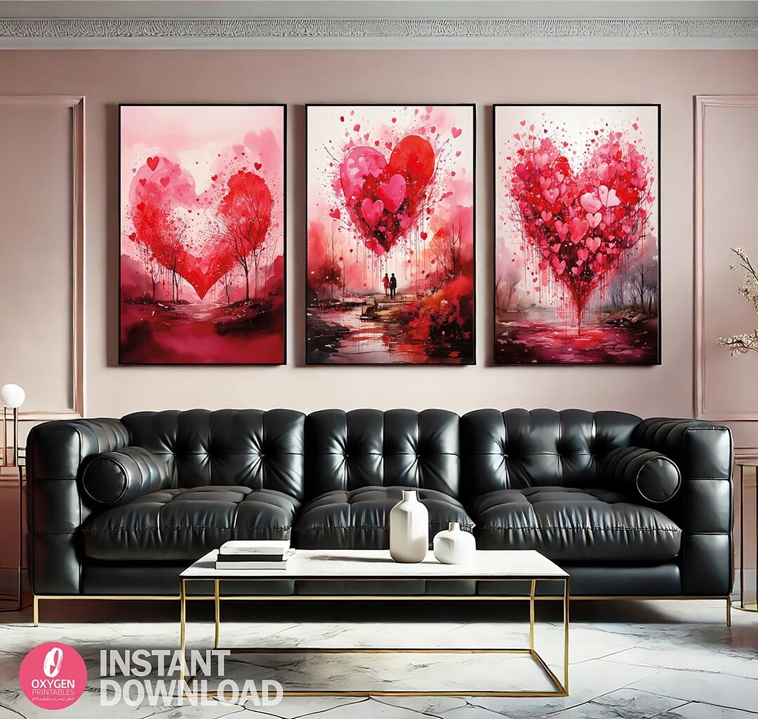 Romantic Heart Wall SET of 3 | Love-themed Art | Abstract Red Heart ...