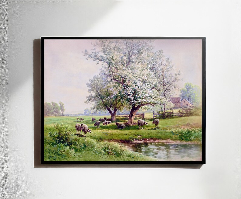 Pastoral Spring Landscape Art Print | Vintage Sheep in Meadow Scene ...