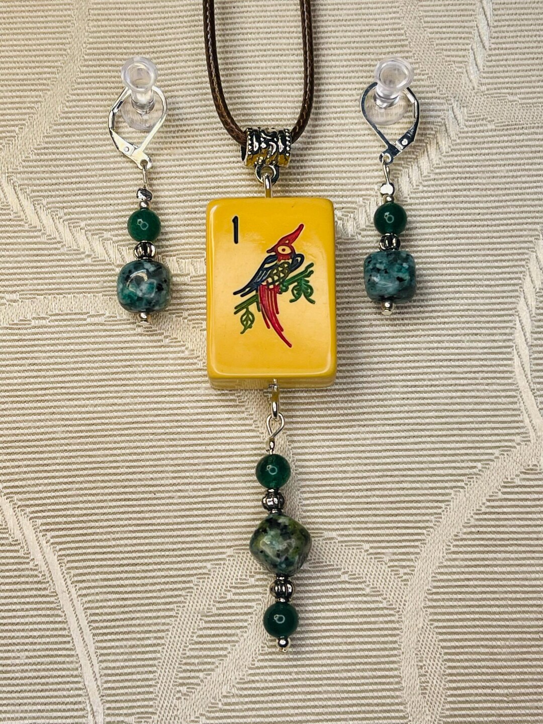 Vintage 1-bird Bam Mahjong Tile Jewelry Includes Necklace and Earrings ...