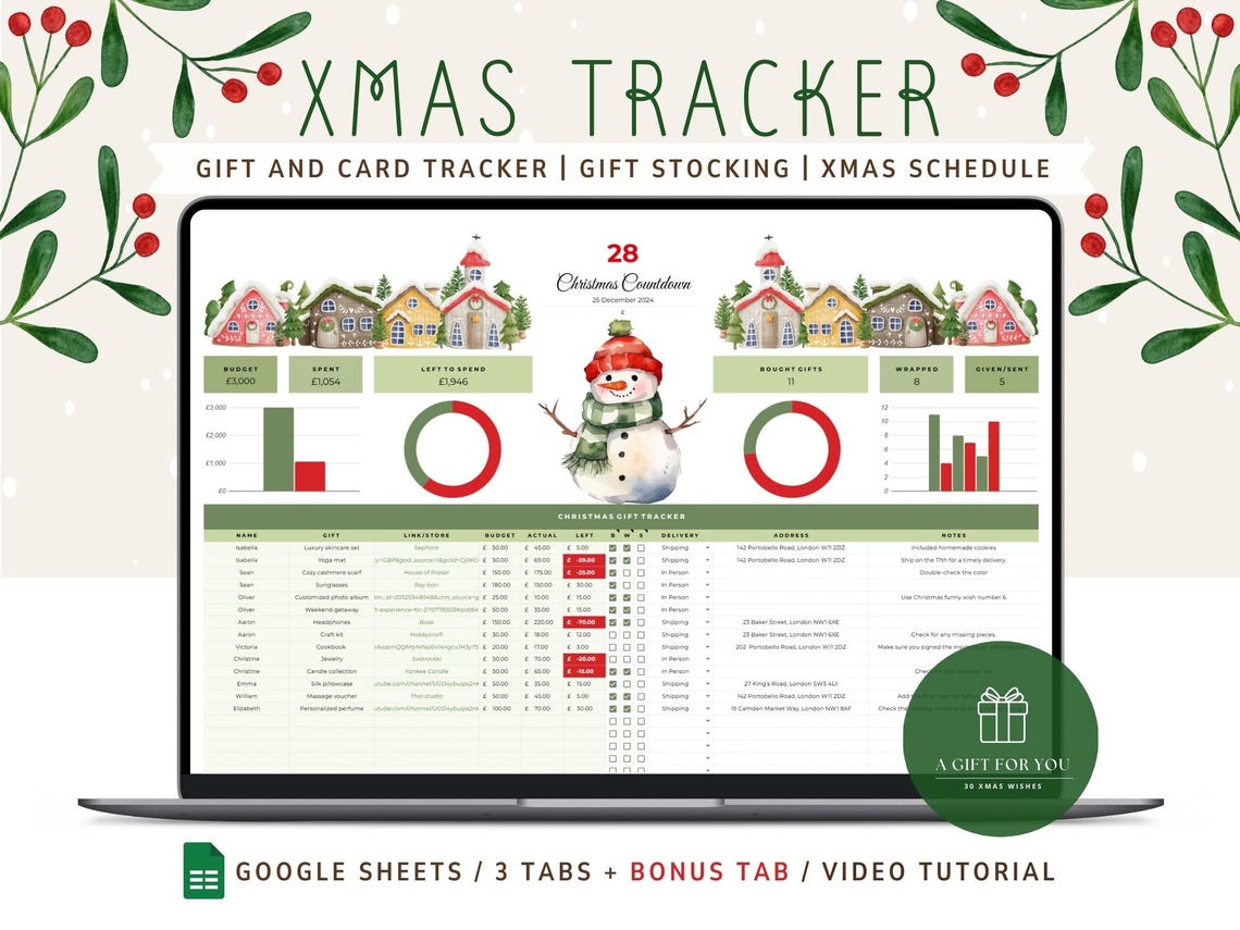 Christmas Gift & Card Tracker for Google Sheets | Countdown Calendar ...