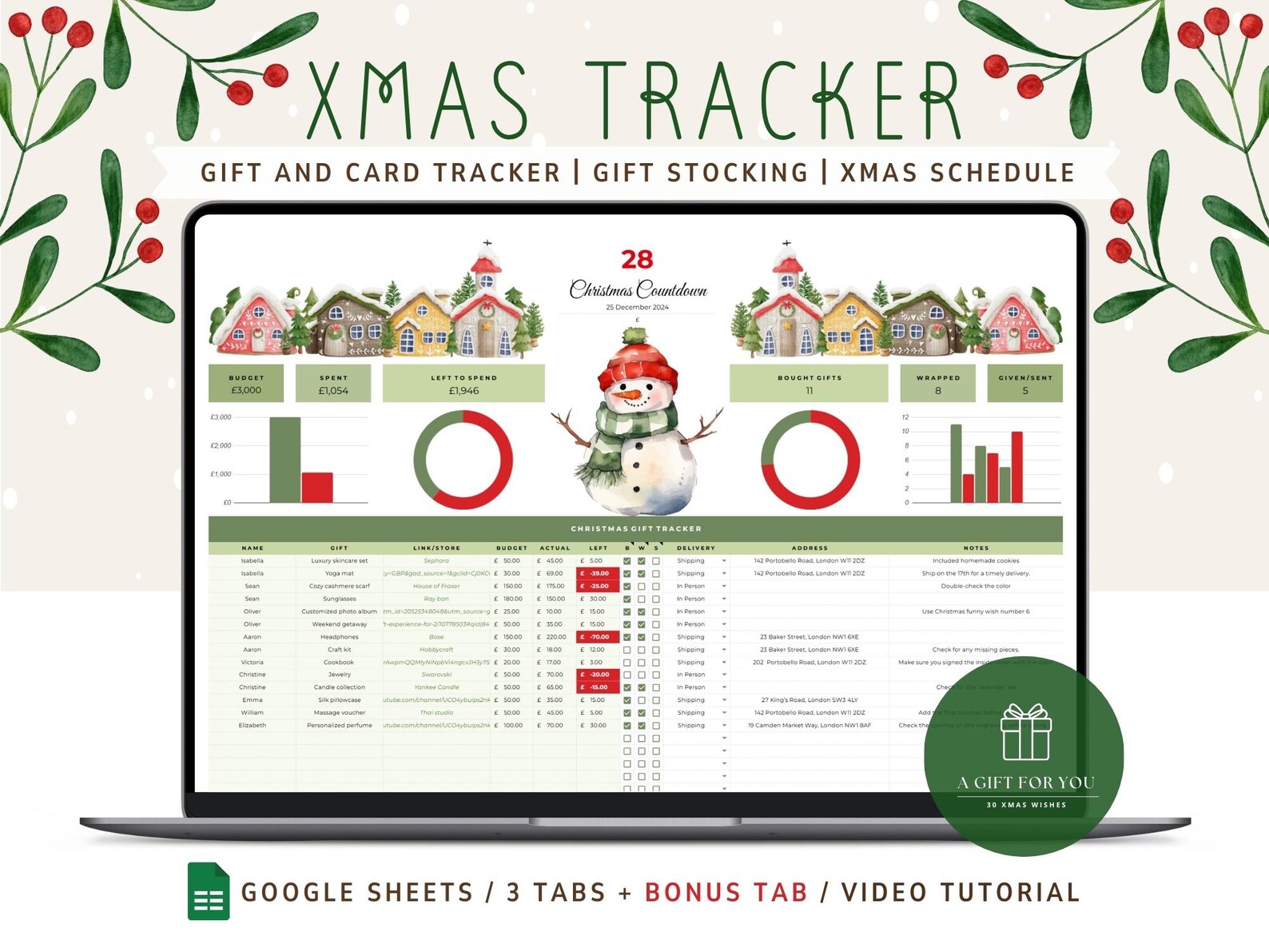 Christmas Gift & Card Tracker for Google Sheets | Countdown Calendar ...