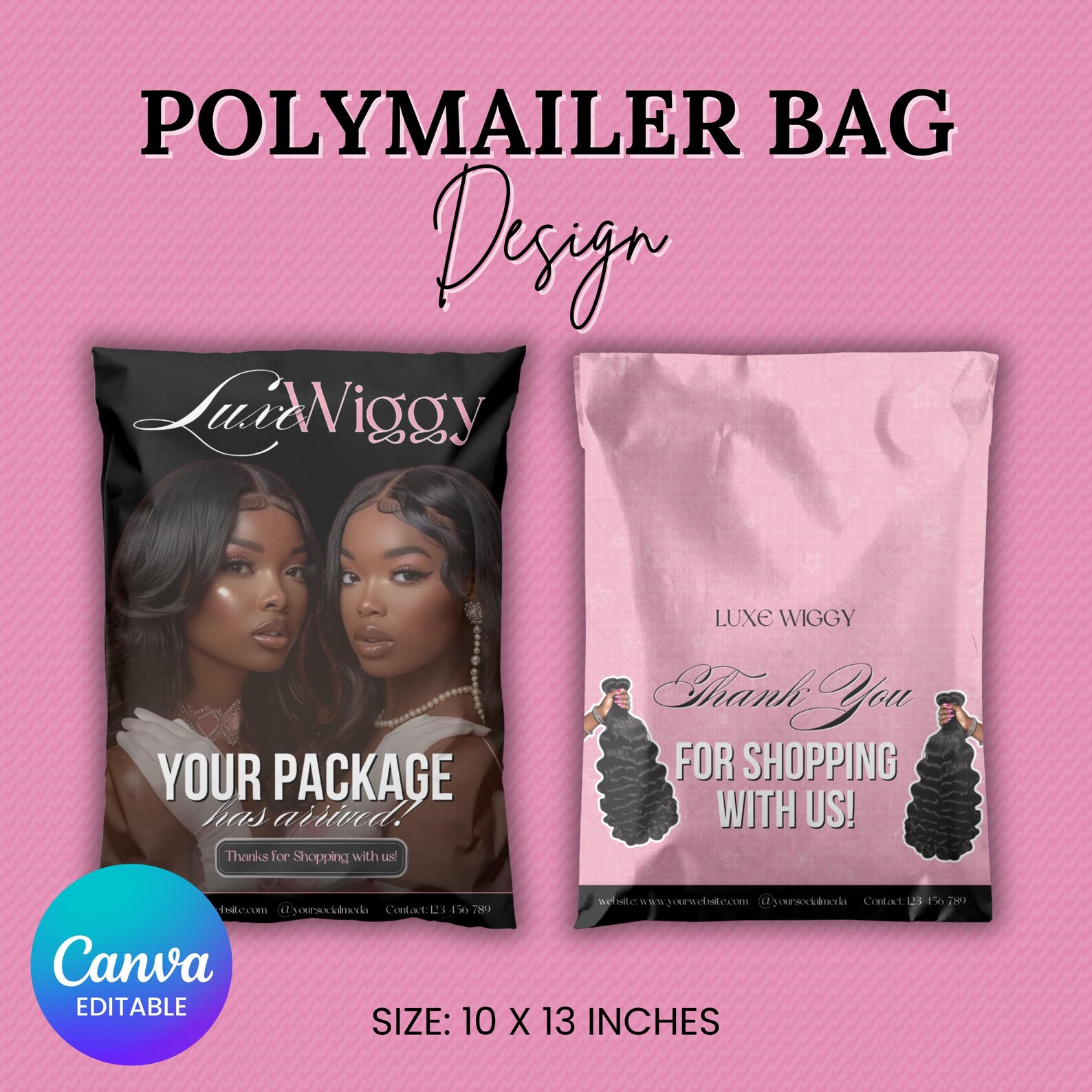 Wig Polymailers Bag Canva Template, Custom Lace Front Wig Packaging ...