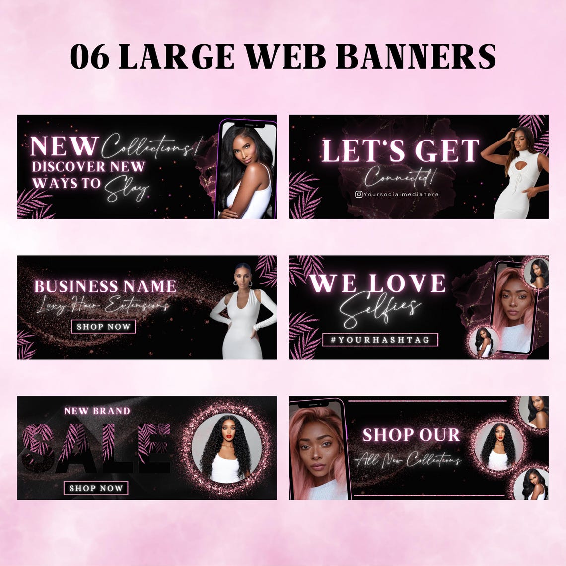 DIY Hair Website Banner Kit| Black and Pink Hair Extensions Wig ...