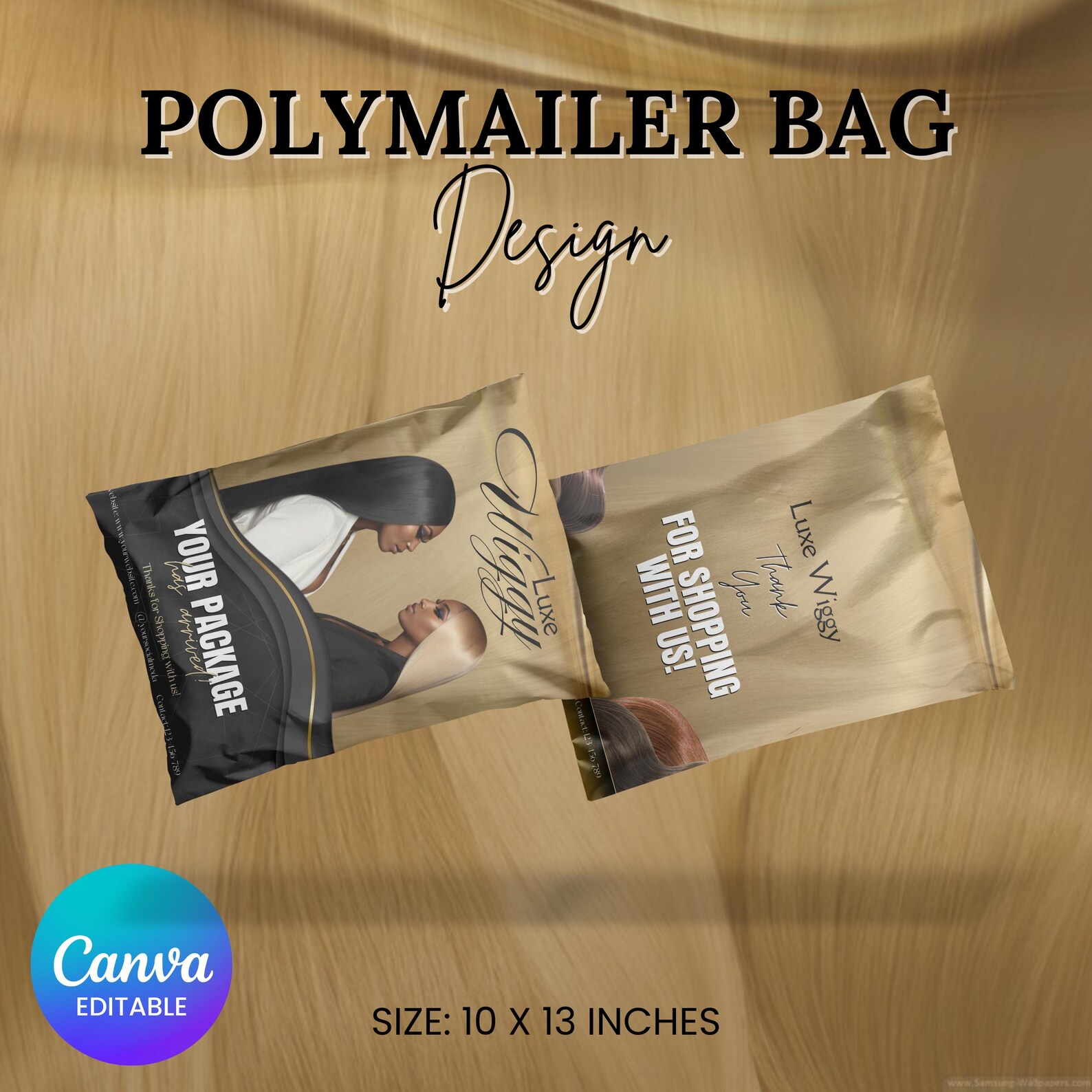 Wig Polymailers Bag Canva Template, Custom Lace Front Wig Packaging, Wig Poly Mailer Design ...