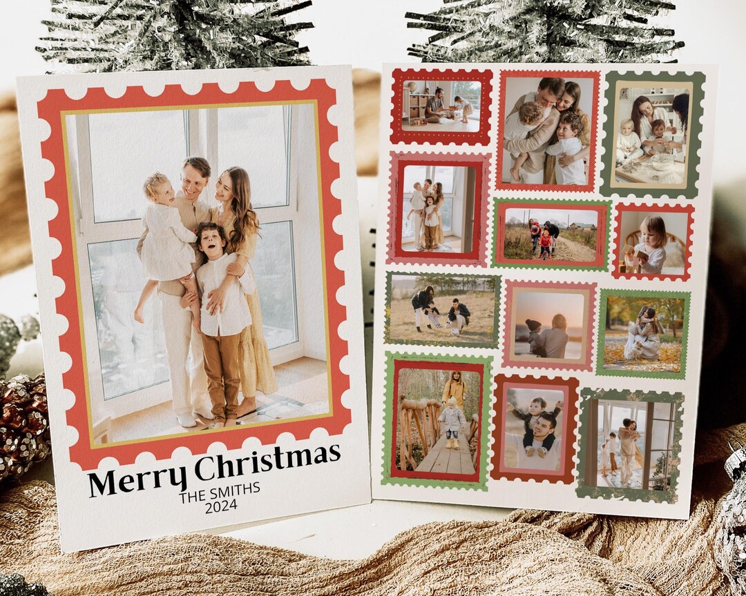 Editable Vintage Postage Stamp Holiday Card Template Personalized Year ...