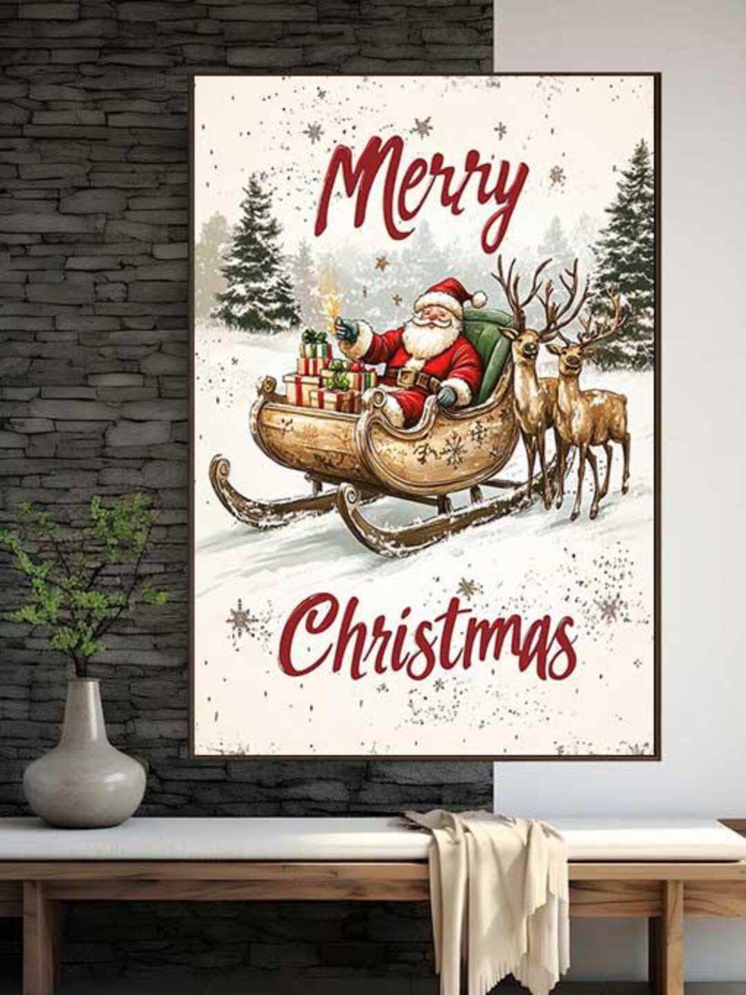 Merry Christmas Quote Poster, Funny Santa Claus and Reindeers Print ...