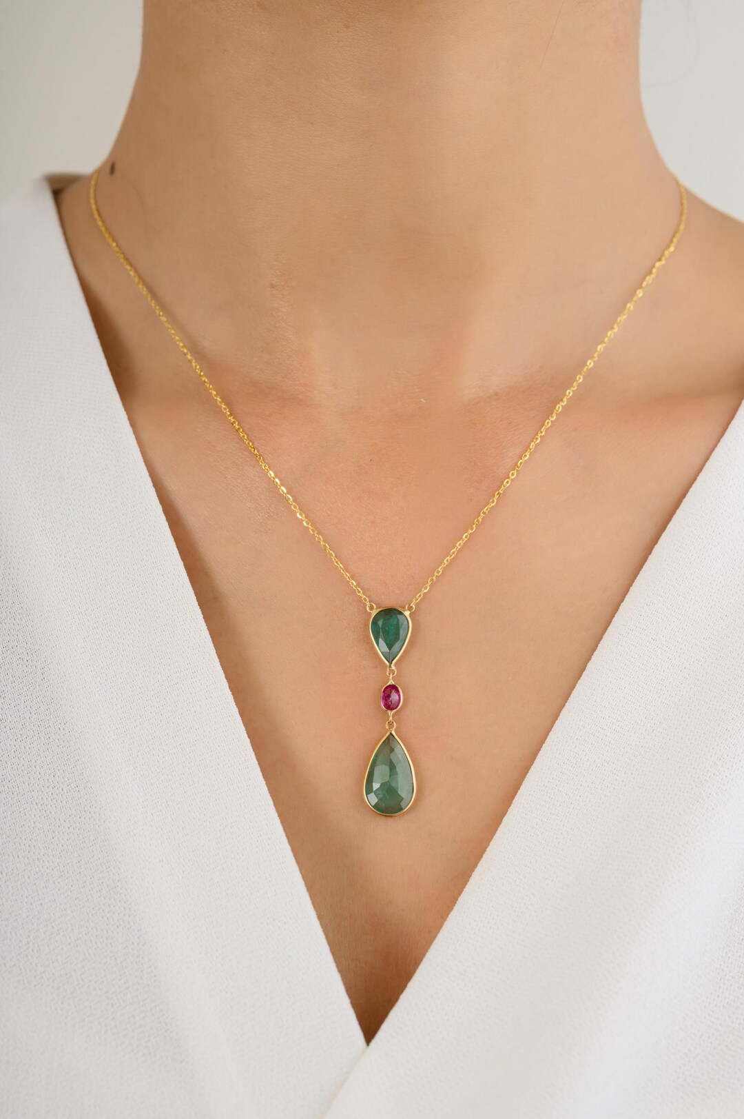 Emerald Ruby Teardrop Necklace: 18k Gold May Birthstone Jewelry - Etsy