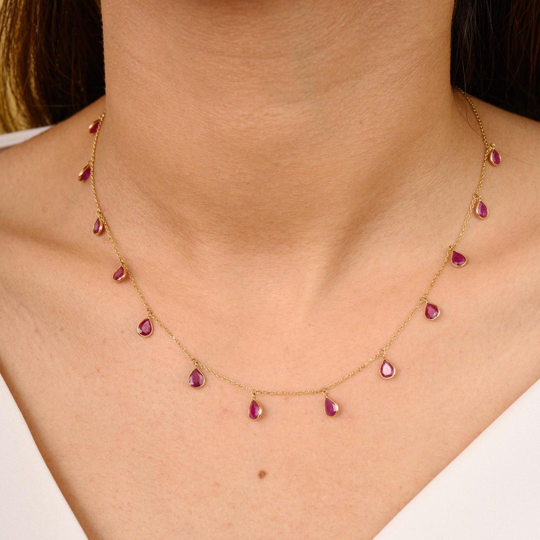 Ruby Station Necklace, 18k Solid Graduated Ruby Charm Chain Necklace ...