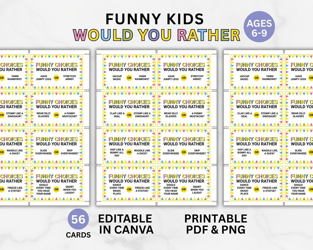 Would You Rather Printable Game for Kids, Funny Choices, 56 Questions ...