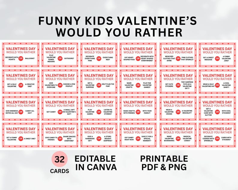 Funny Valentine Would You Rather Cards for Kids, 32 Funny Printable ...