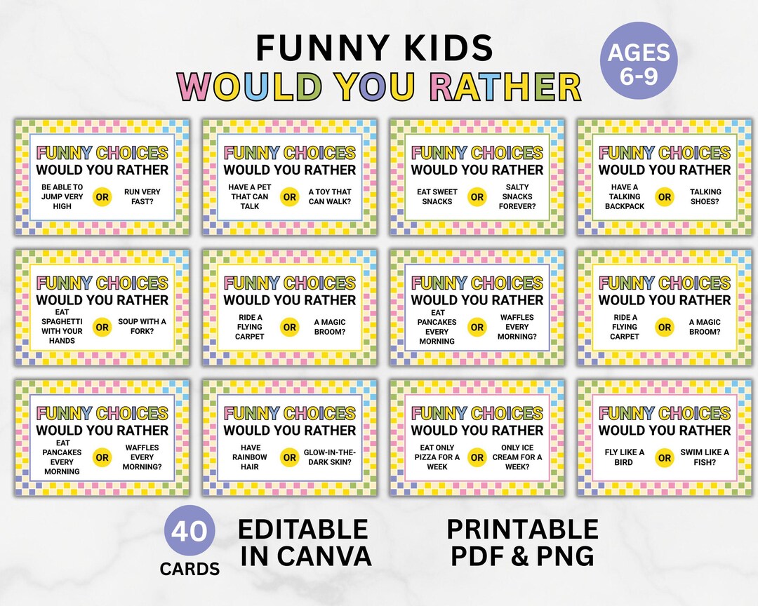 Funny Would You Rather Printable Cards for Kids, 40 Funny Questions ...
