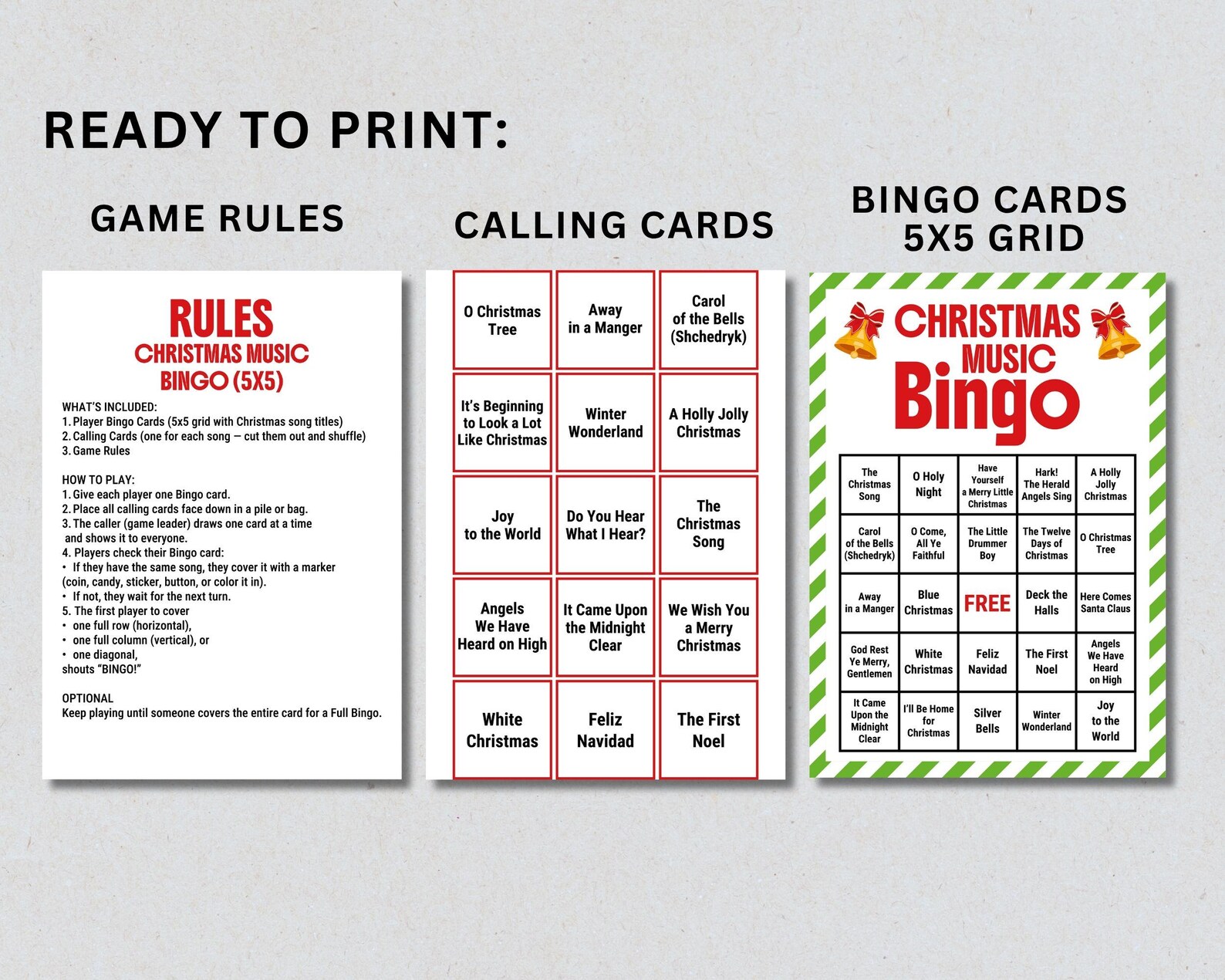 Christmas Songs Bingo 5x5 - Printable Party Game, Holiday Activities ...