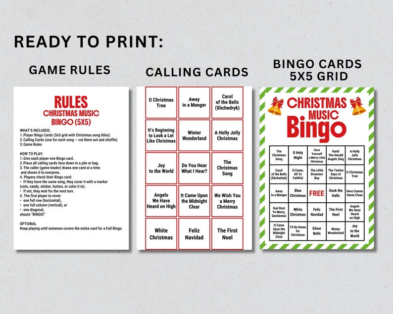 Christmas Songs Bingo 5x5 - Printable Party Game, Holiday Activities ...