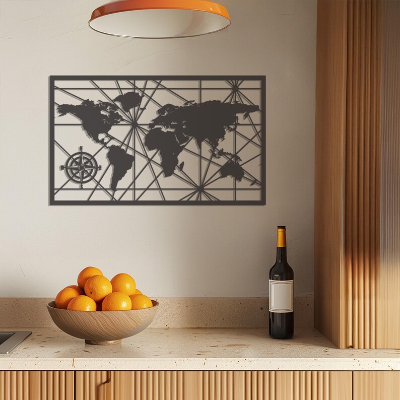 World Map and Compass Metal Wall Art, Travel Themed Wall Decor ...