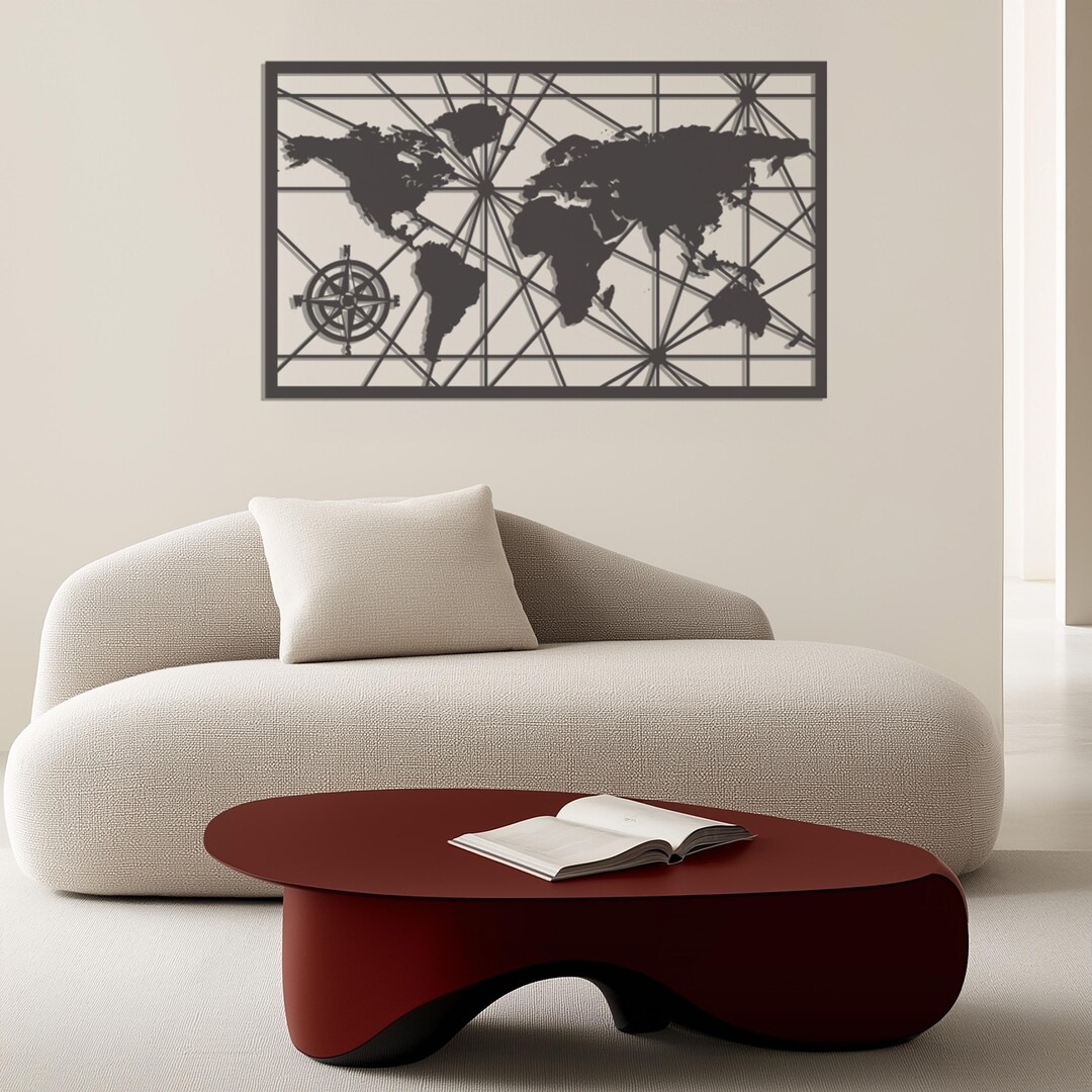World Map and Compass Metal Wall Art, Travel Themed Wall Decor ...