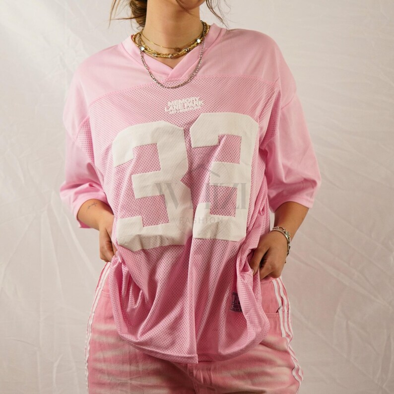 Trendy Pink Oversized Mesh Jersey for Women V-neck Sports Top With ...