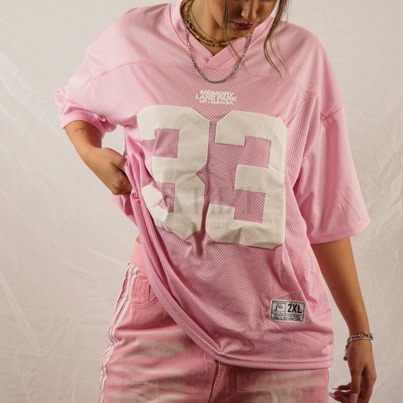 Trendy Pink Oversized Mesh Jersey for Women V-neck Sports Top With ...