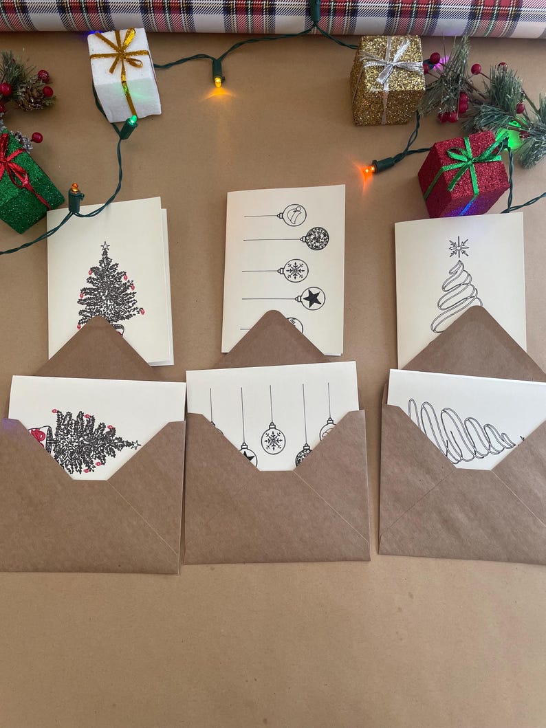 6x Minimalist Aesthetic Christmas Cards Set, Boho Holiday, Line Drawing ...