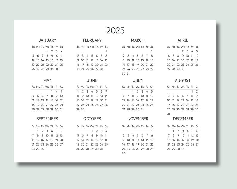 2025 Yearly Printable Calendar Printable Digital Download A4 and Letter ...