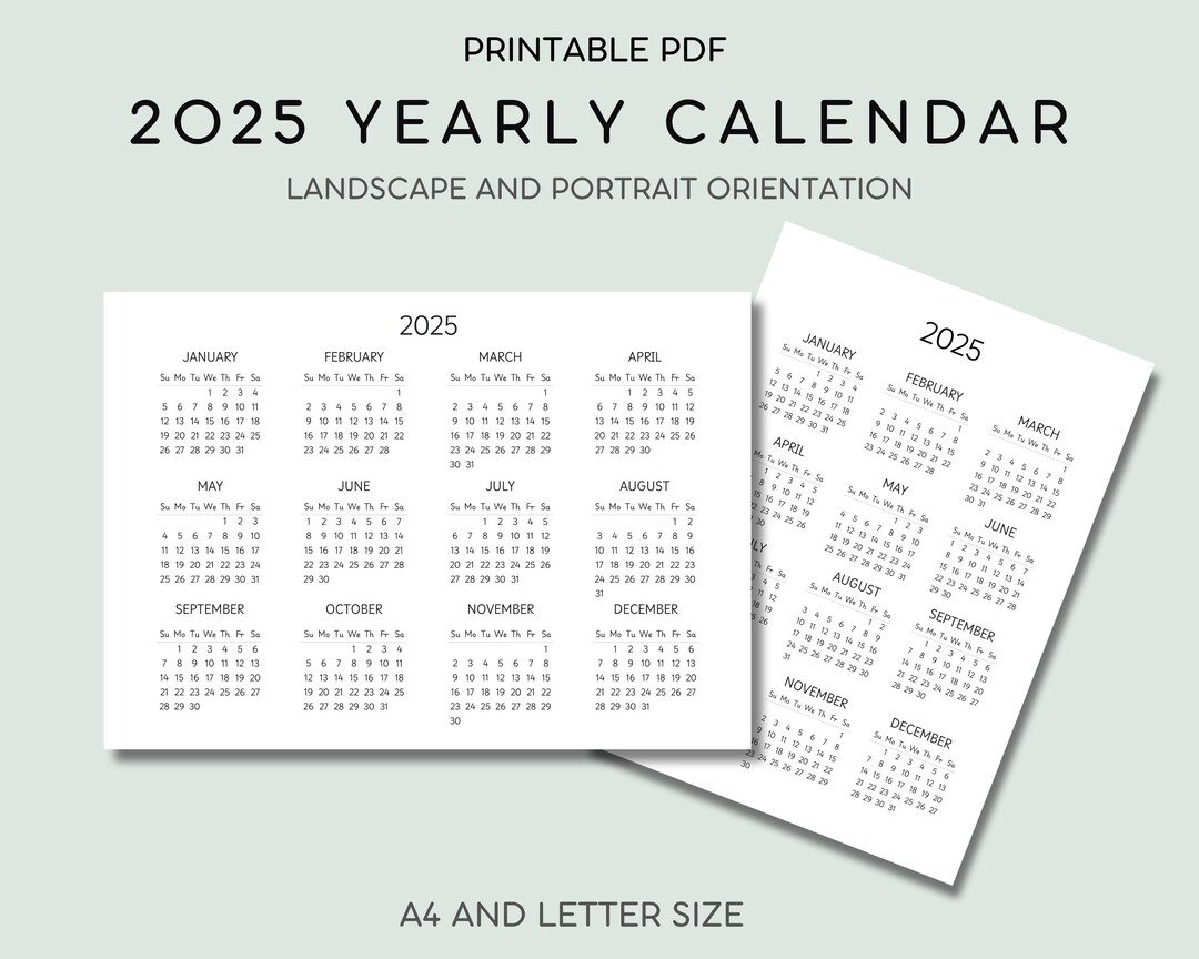 2025 Yearly Printable Calendar Printable Digital Download A4 and Letter ...
