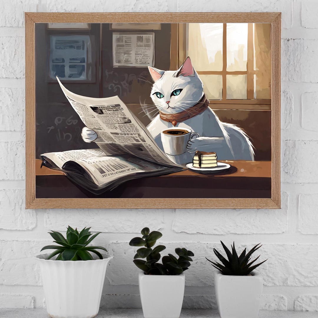 White Cat Drinking Coffee Cute Cat Reading Newspaper Illustration ...