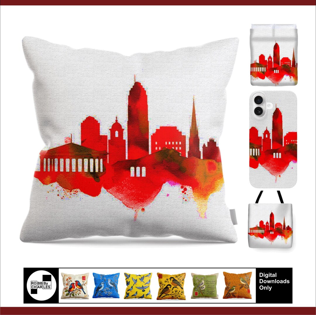 Skyline Design Print: Red Watercolor Cityscape, Home Decor (digital ...