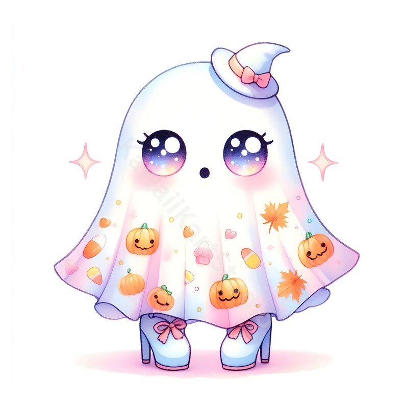 Pastel Halloween Ghost Clipart Set: Kawaii Witch Hat & Pumpkin (JPG ...