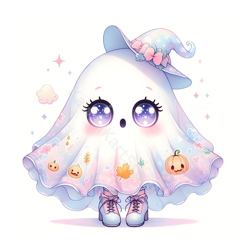 Pastel Halloween Ghost Clipart Set: Kawaii Witch Hat & Pumpkin (JPG ...