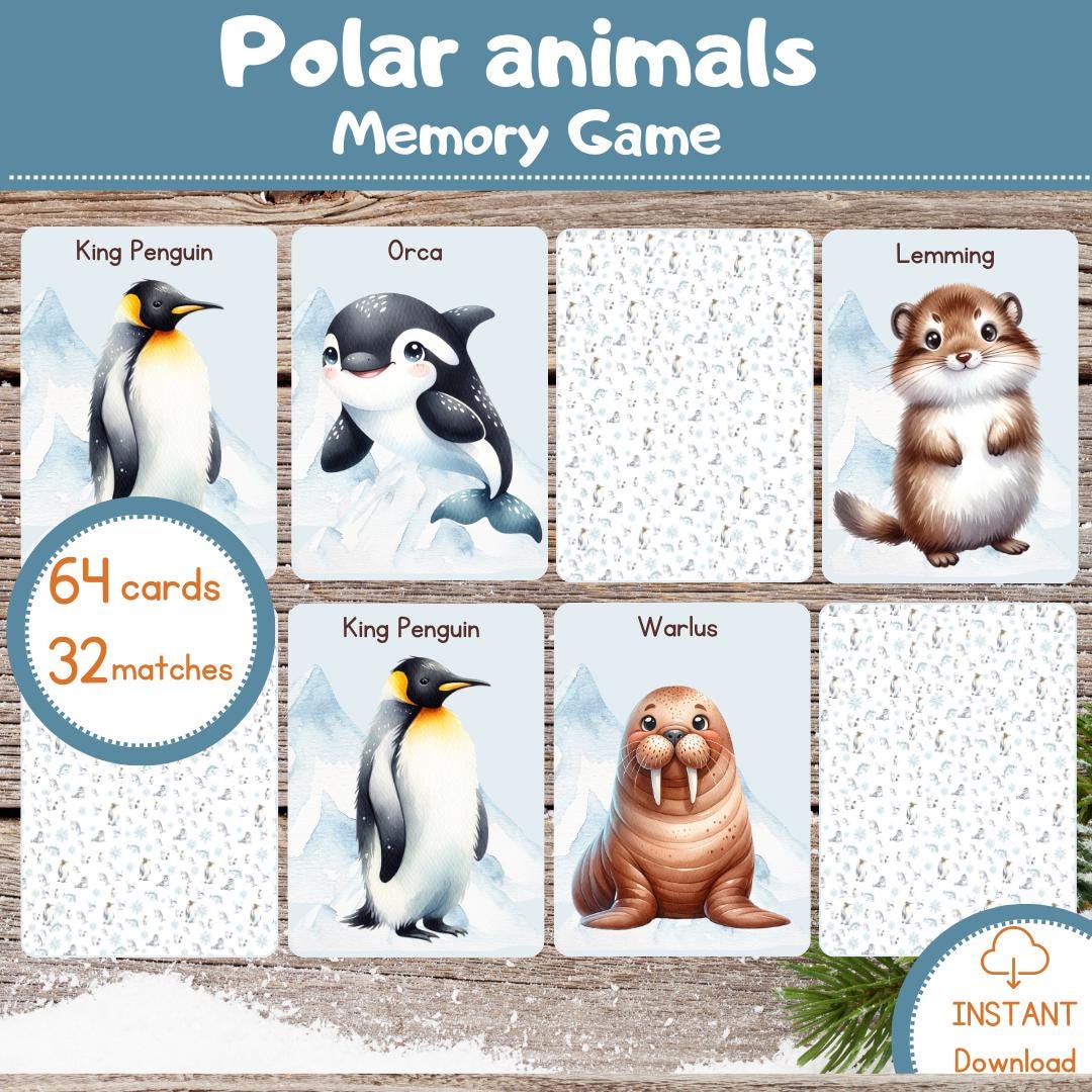 Polar Animals Memory Game, Watercolor Matching (digital Download) - Etsy