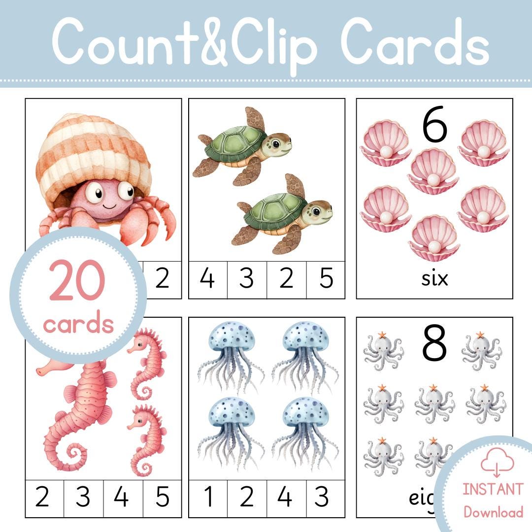 Sea Animals Count and Clip Cards, 1 to 10 Counting, Activity for Kids ...