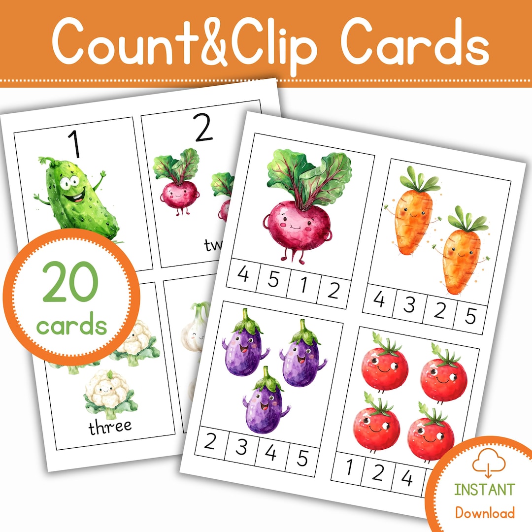 Vegetables Count and Clip Cards, 1 to 10 Counting, Activity for Kids ...