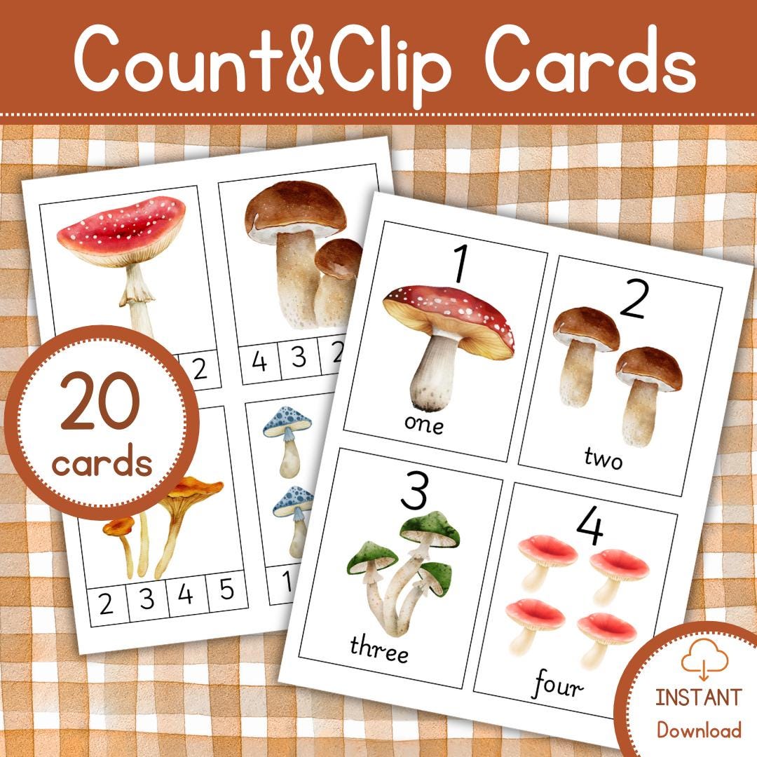 Mushrooms Count and Clip Cards, 1 to 10 Counting, Activity for Kids ...