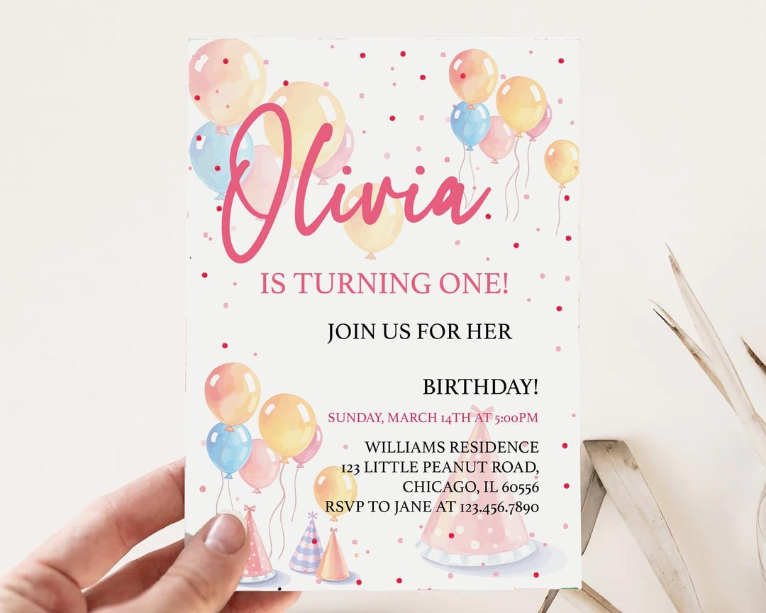 Editable Birthday Invitation, Baloons Birthday Invite, Party Hat ...