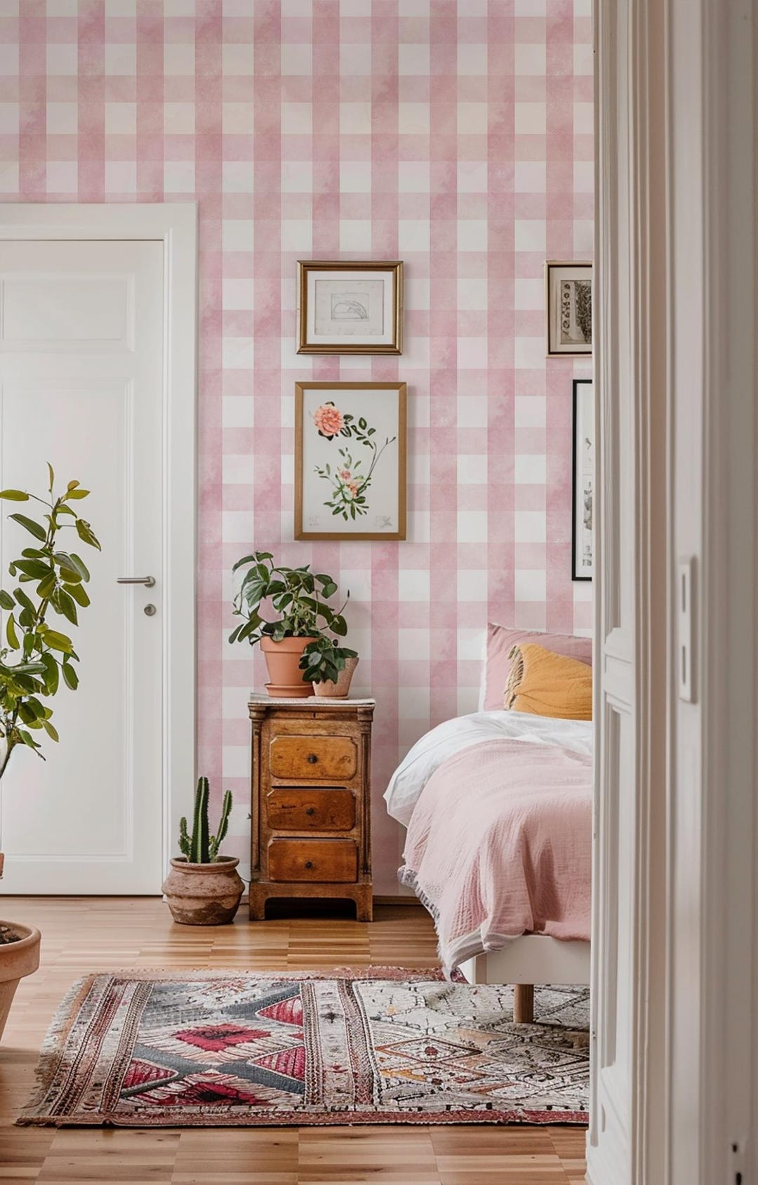 Blush Check Removable Wallpaper, Pink, Farmhouse, Peel and Stick Wall ...