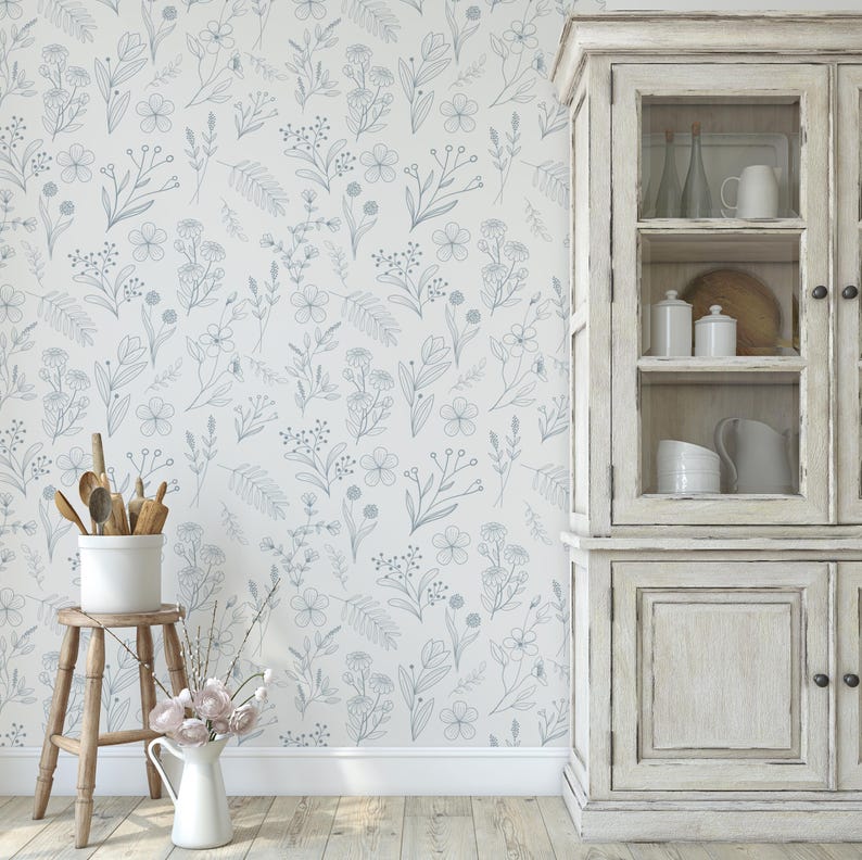 Blue Harvest Removable Wallpaper, Farmhouse Floral Mural, Minimal ...