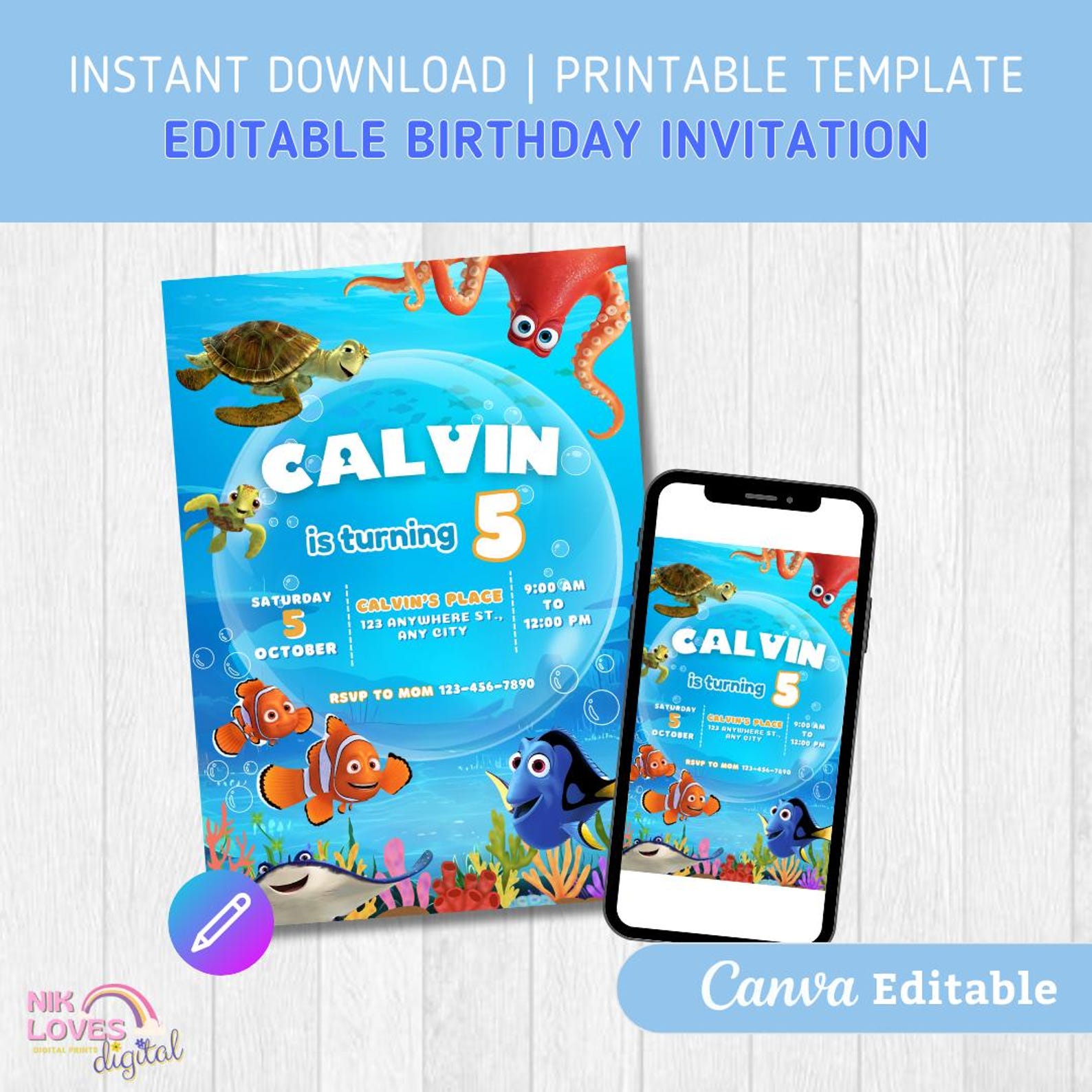 Editable Finding D0ry Birthday Invitation, Finding Nem0 Birthday Invitation, Kids Digital ...