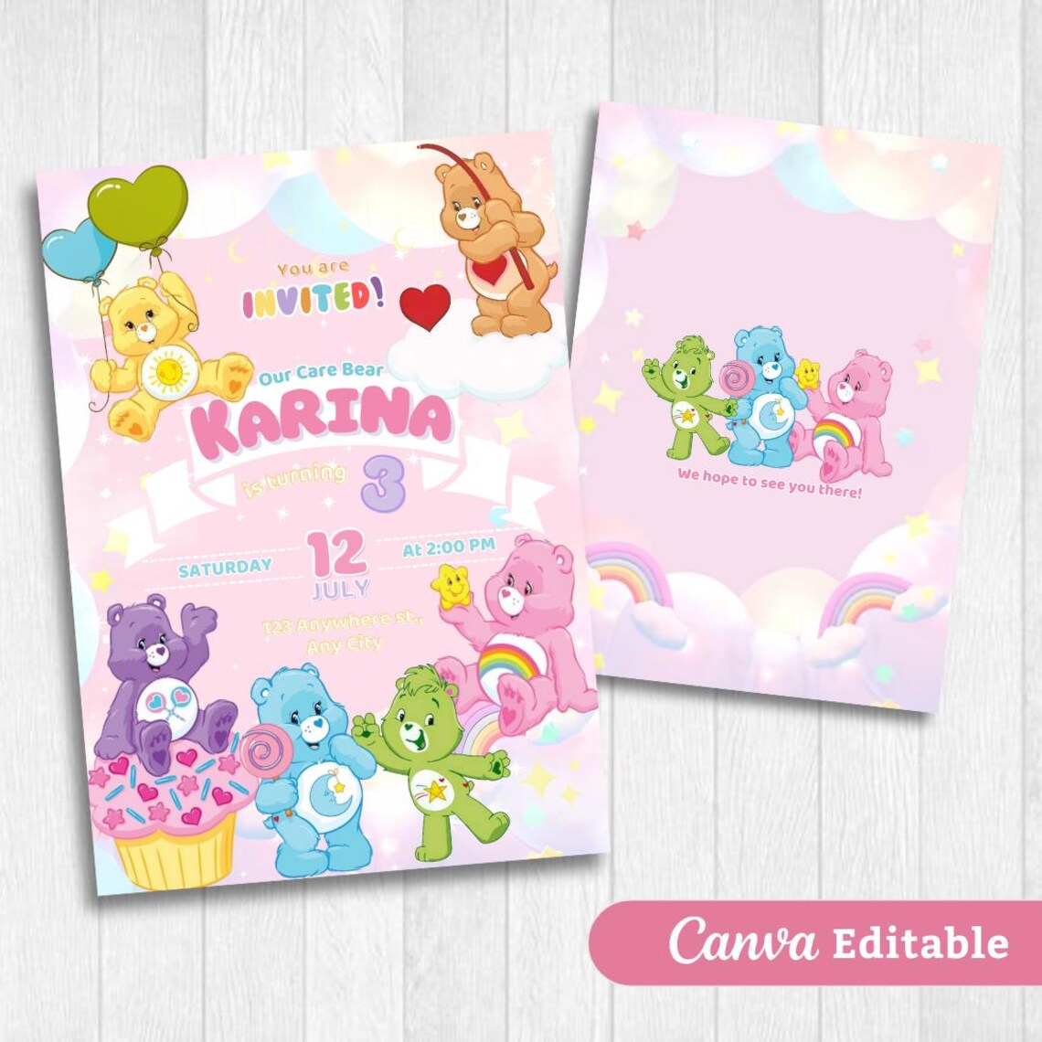 Editable Care Bears Birthday Invitation, Care&bear Birthday Invitation ...