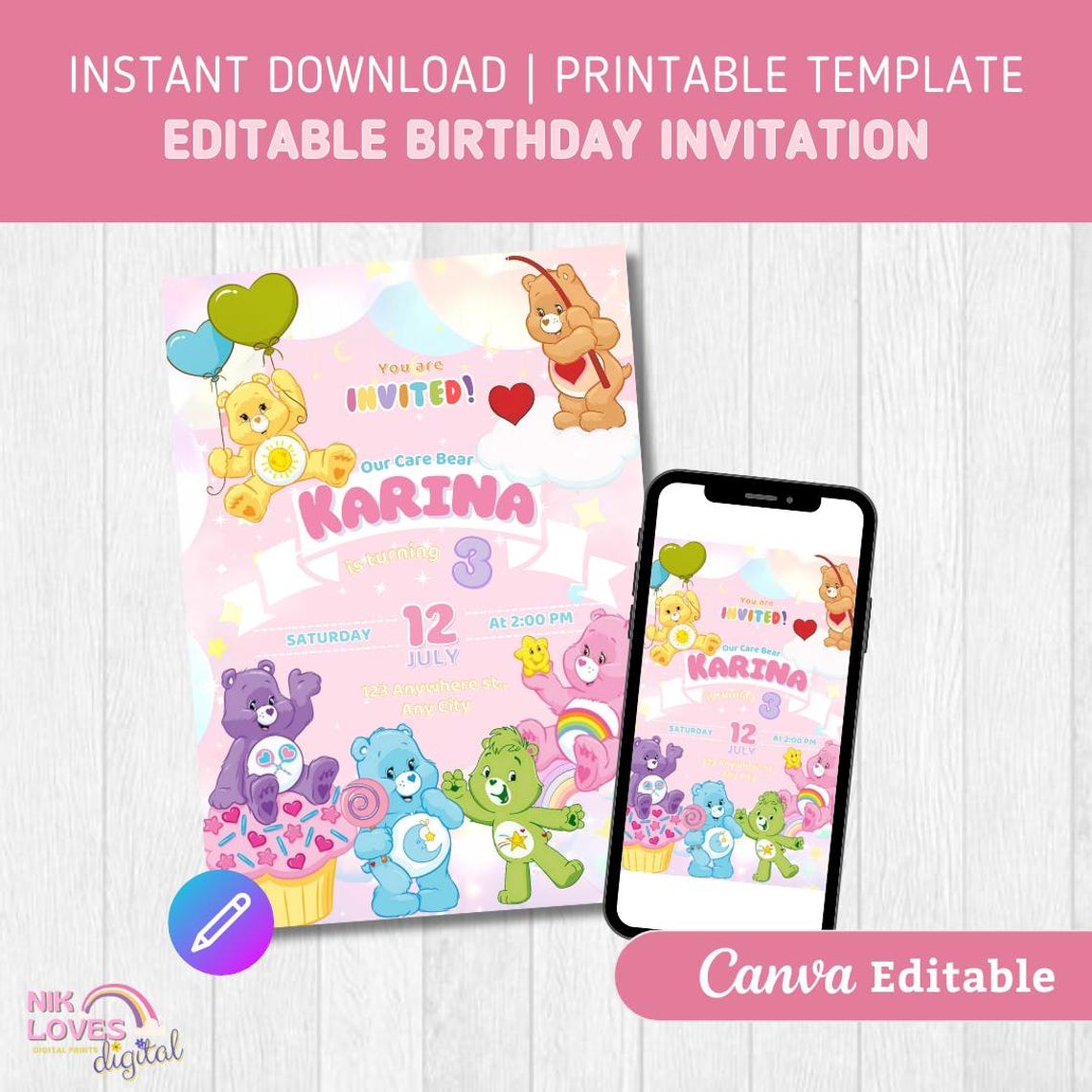 Editable Care Bears Birthday Invitation, Care&bear Birthday Invitation ...