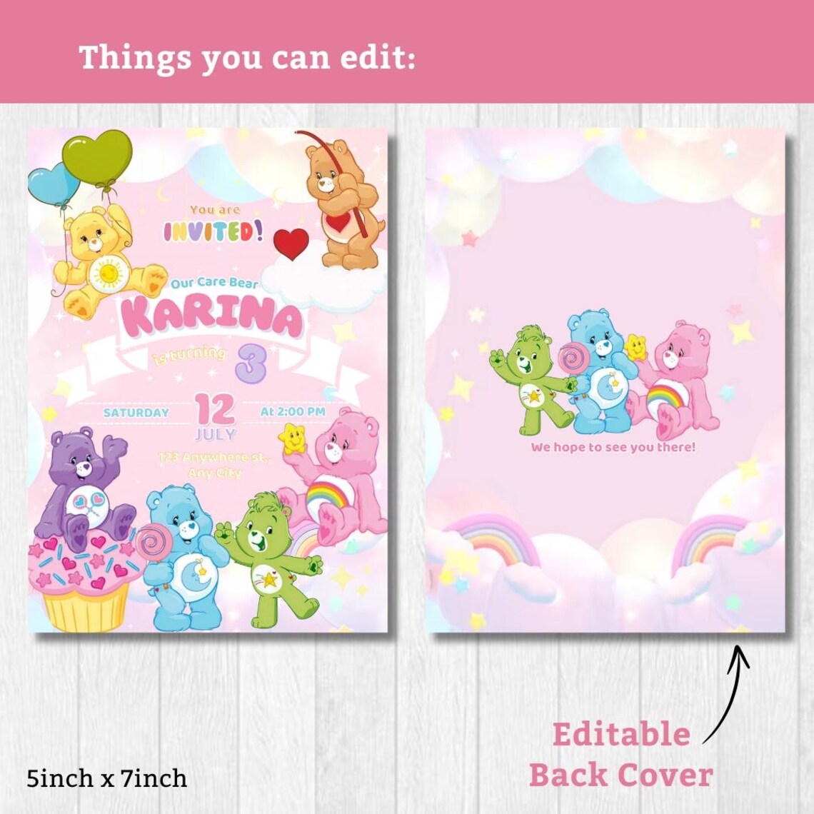 Editable Care Bears Birthday Invitation, Care&bear Birthday Invitation ...